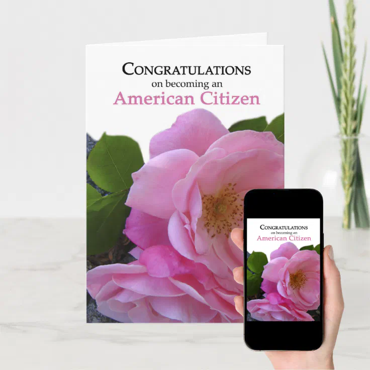 Congratulations US Citizenship featuring pink rose Card | Zazzle