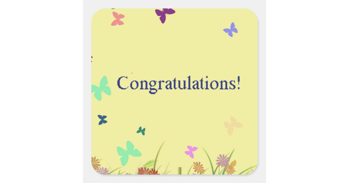 Congratulations yellow butterfly background square sticker | Zazzle