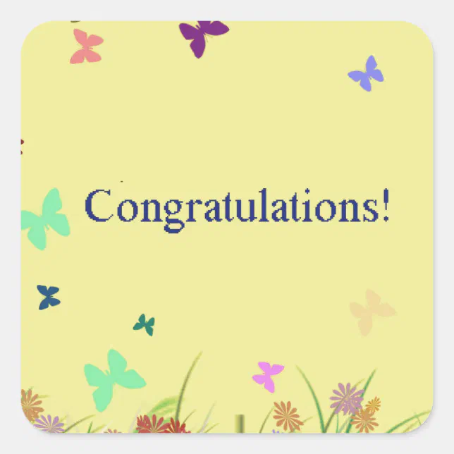 Congratulations yellow butterfly background square sticker | Zazzle