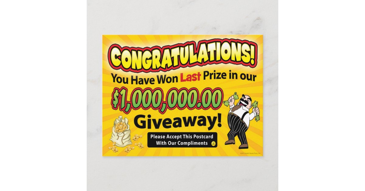 Congratulations You Have Won Last Prize - Funny Postcard | Zazzle