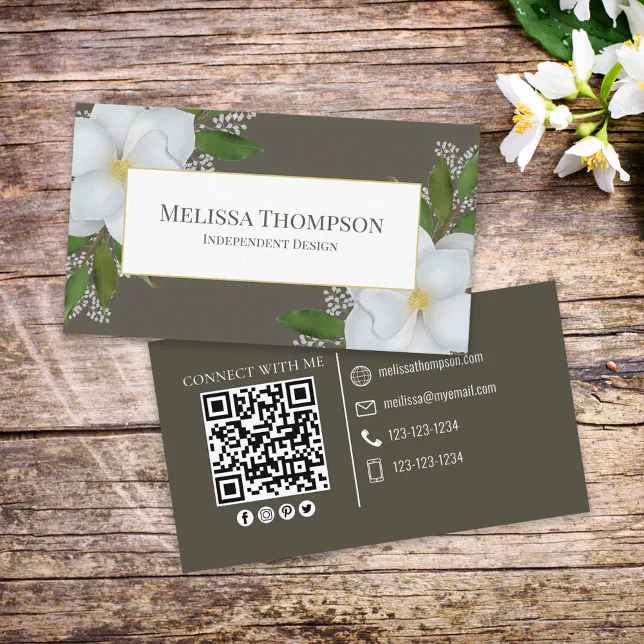 Connect With Me | QR Code Floral Foliage Magnolia Business Card | Zazzle