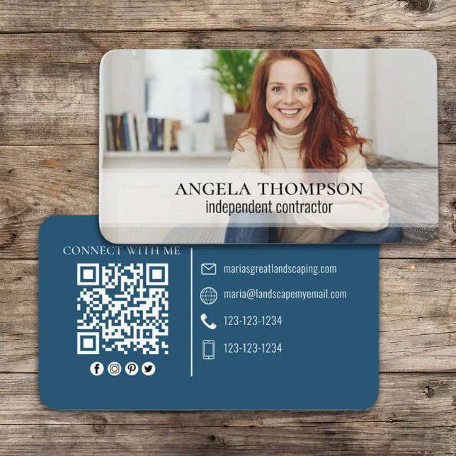 Connect With Me | QR Code Simple Blue Modern Photo Business Card | Zazzle