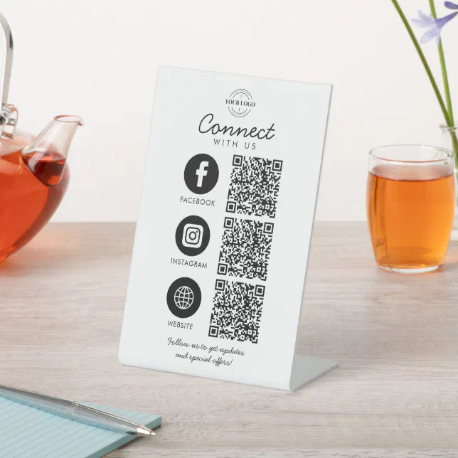 Connect with Us 3 QR Code Business Company Logo Pedestal Sign | Zazzle