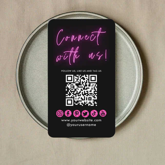 Connect With Us Black Pink QR Code Social Media Business Card | Zazzle