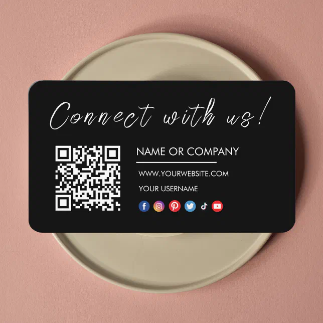 Connect with us Logo Qr Code Social Media Black Business Card | Zazzle