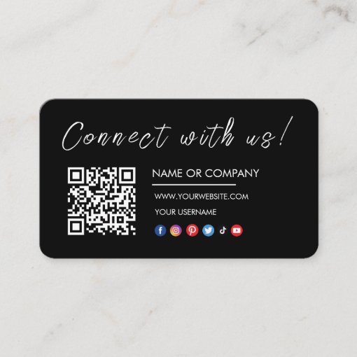 Connect with us Logo Qr Code Social Media Black Business Card | Zazzle