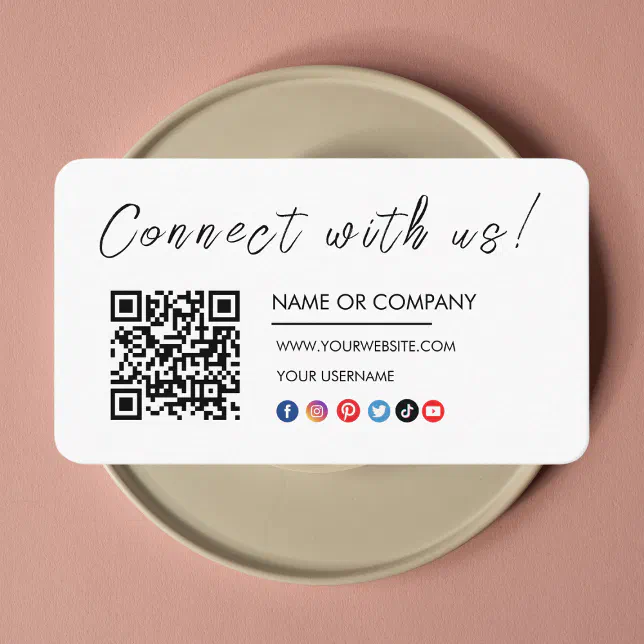 Connect with us Logo Qr Code Social Media White Business Card | Zazzle
