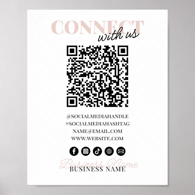 Connect with Us QR Code Pink Script Business Name Poster | Zazzle