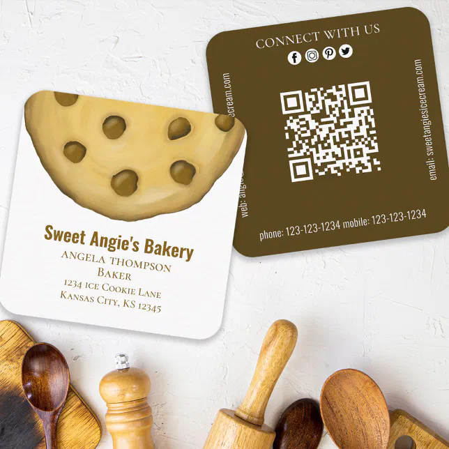Connect With Us | QR Code Simple Bakery Cookie Square Business Card ...