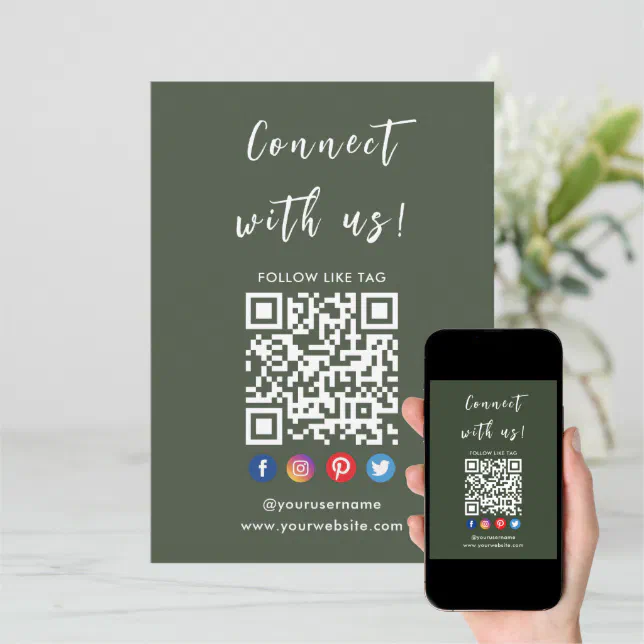 Connect With Us Qr Code Social Media Dark Green Invitation | Zazzle