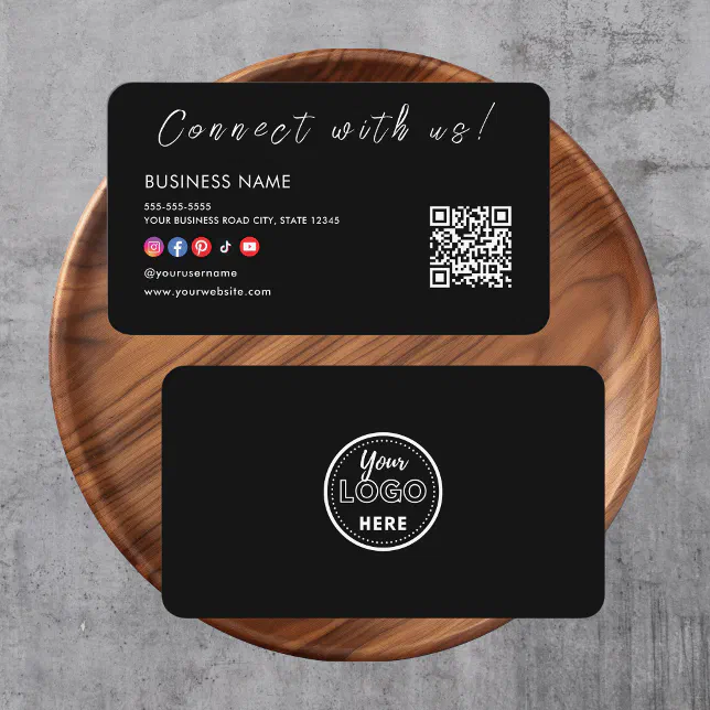 Connect with us Qr Code Social Media Logo Black Business Card | Zazzle