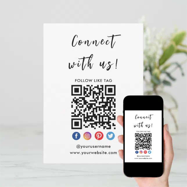 Connect With Us Qr Code Social Media Modern White Invitation | Zazzle