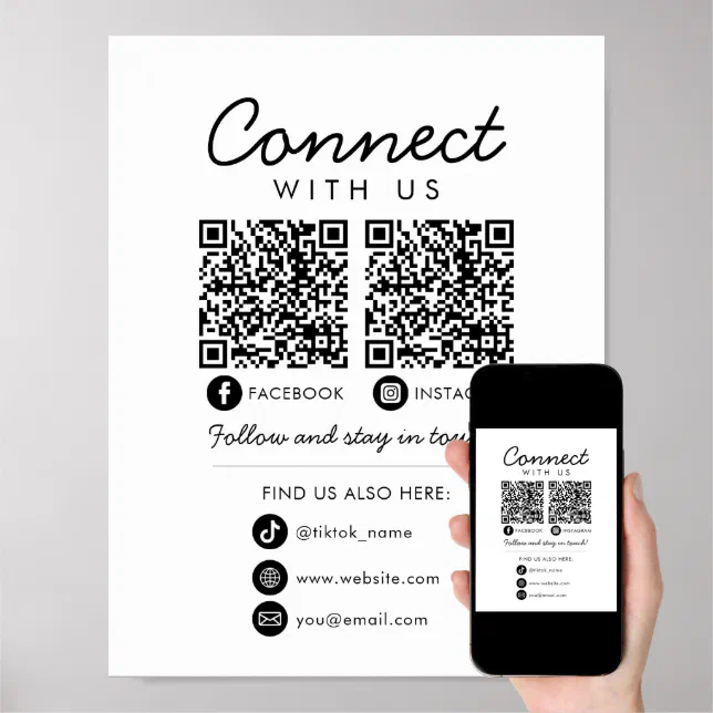 Connect with Us Social Media 2 QR Codes Website Poster | Zazzle