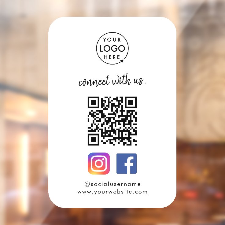 Connect with us | Social Media QR Code White Window Cling | Zazzle