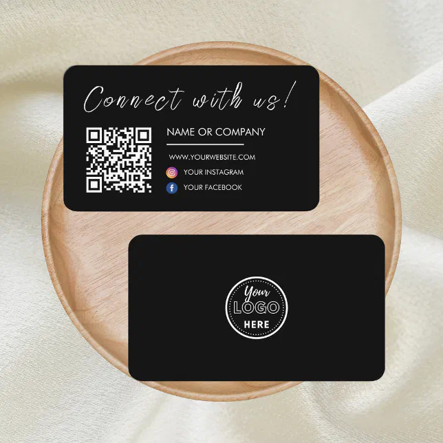 Connect with us Website Qr Code Social Media Black Business Card | Zazzle