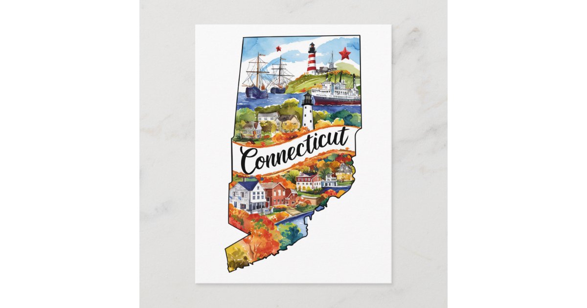 Connecticut USA State Shaped Vintage Watercolor Postcard | Zazzle