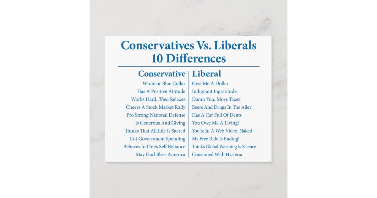 Conservatives Vs. Liberals 10 Differences Postcard | Zazzle