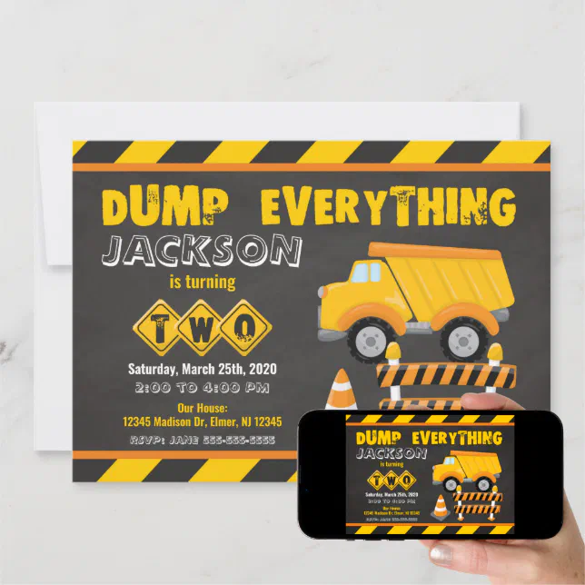 Construction 2nd Birthday Invitation Chalkboard | Zazzle