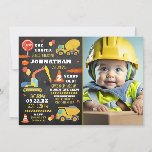 Construction 2nd Birthday Photo Invitation | Zazzle
