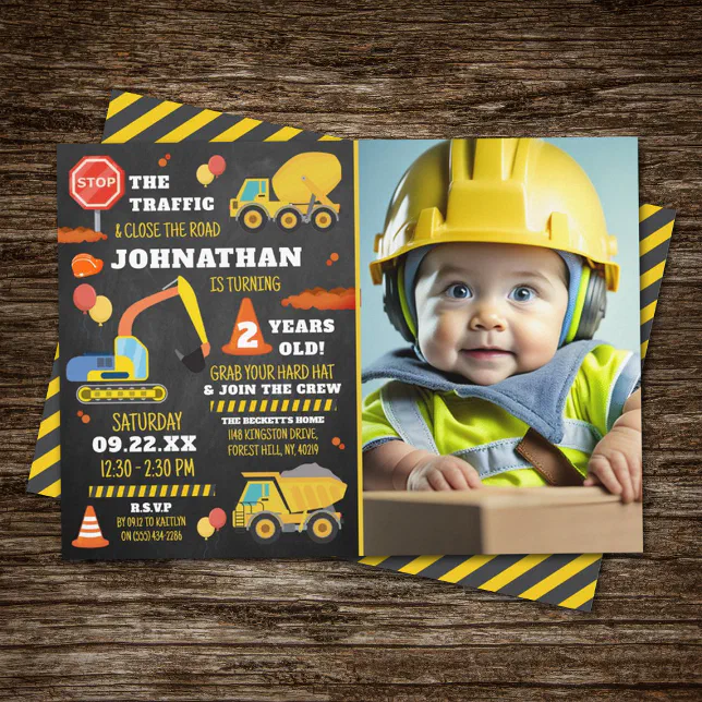 Construction 2nd Birthday Photo Invitation | Zazzle