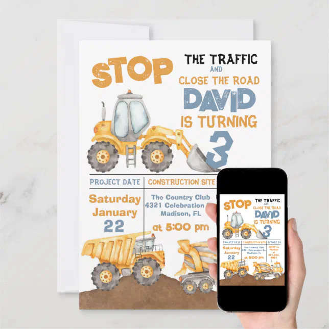 Construction 3rd Birthday Dump Truck Party Invitation | Zazzle