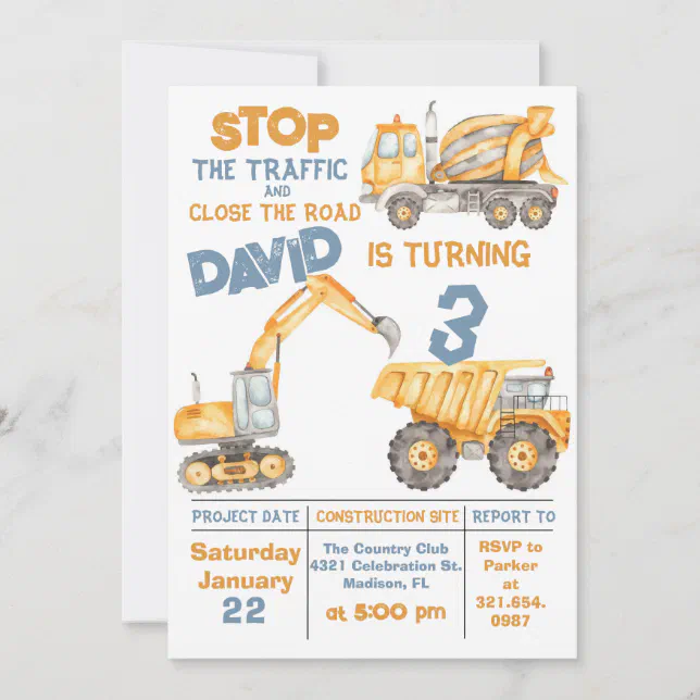 Construction 3rd Birthday Dump Truck Party Invitation | Zazzle