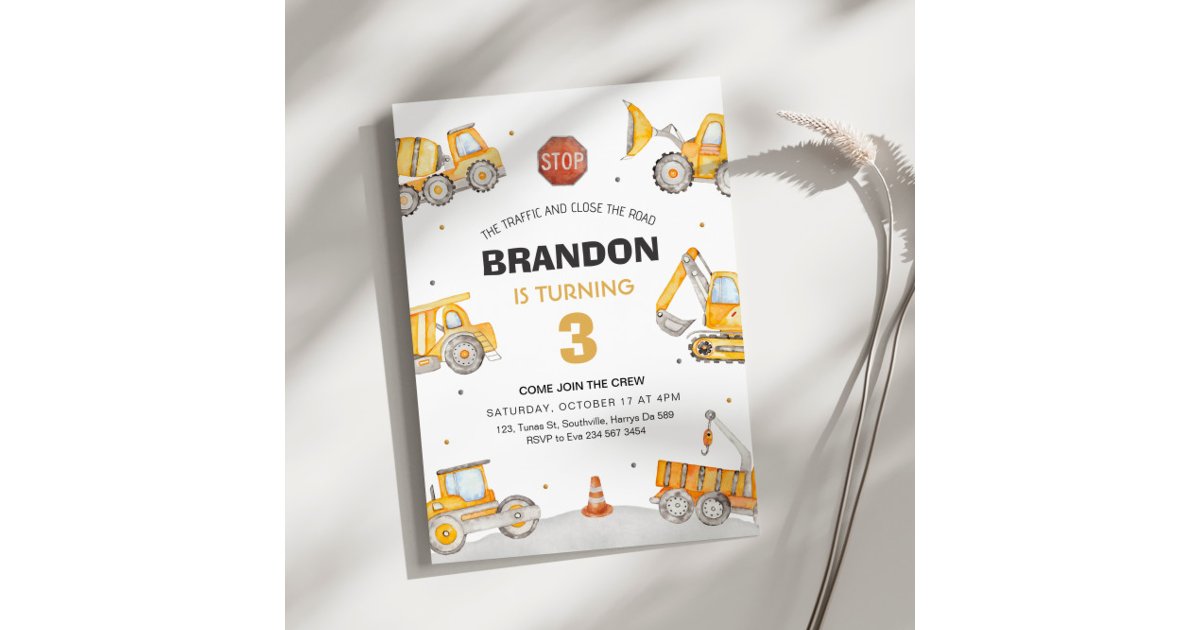 Construction 3rd Birthday Invitation | Zazzle