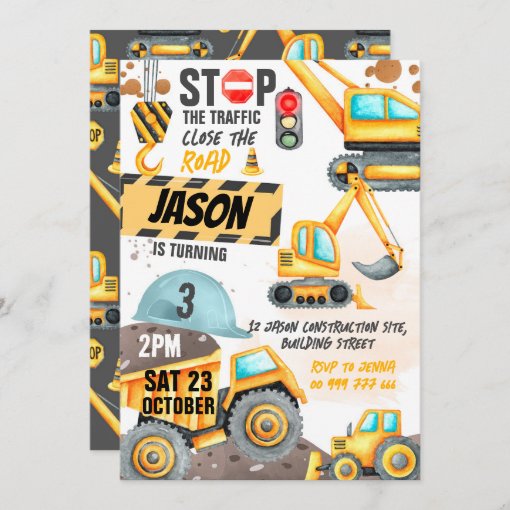 Construction 3rd Birthday Party Dump Truck Digger Invitation | Zazzle