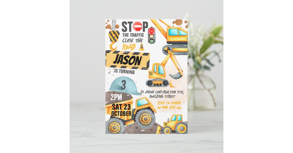 Construction 3rd Birthday Party Dump Truck Digger Invitation | Zazzle