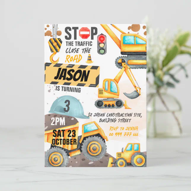 Construction 3rd Birthday Party Dump Truck Digger Invitation | Zazzle