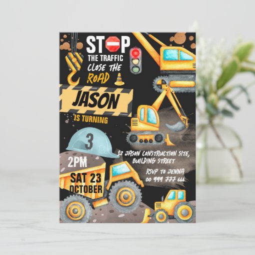 Construction 3rd Birthday Party Dump Truck Digger Invitation | Zazzle