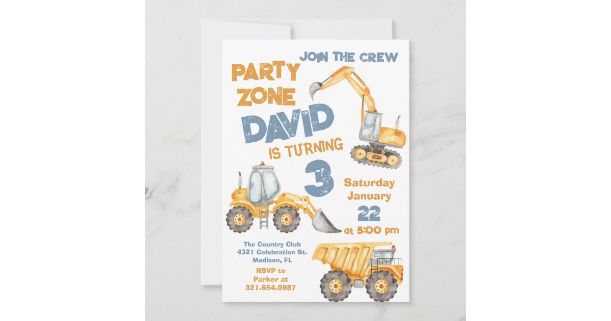 Construction 3rd Birthday Party Invitation | Zazzle