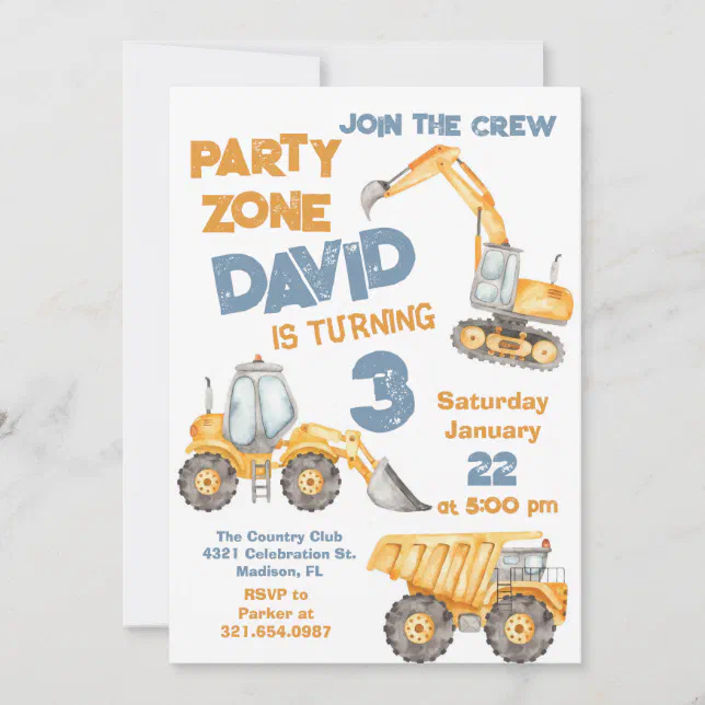 Construction 3rd Birthday Party Invitation | Zazzle