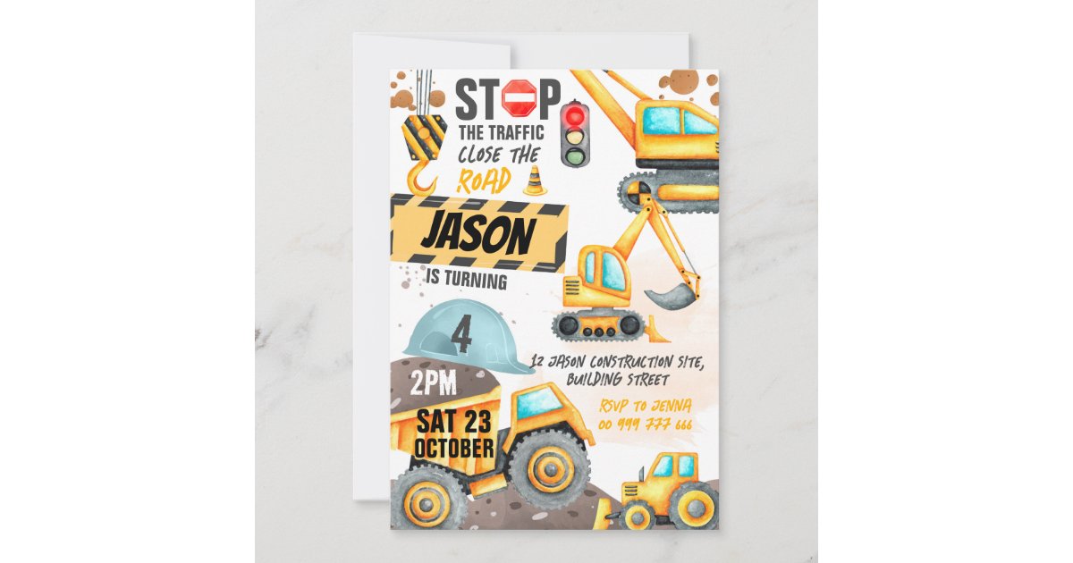 Construction 4th Birthday Party Dump Truck Digger Invitation | Zazzle
