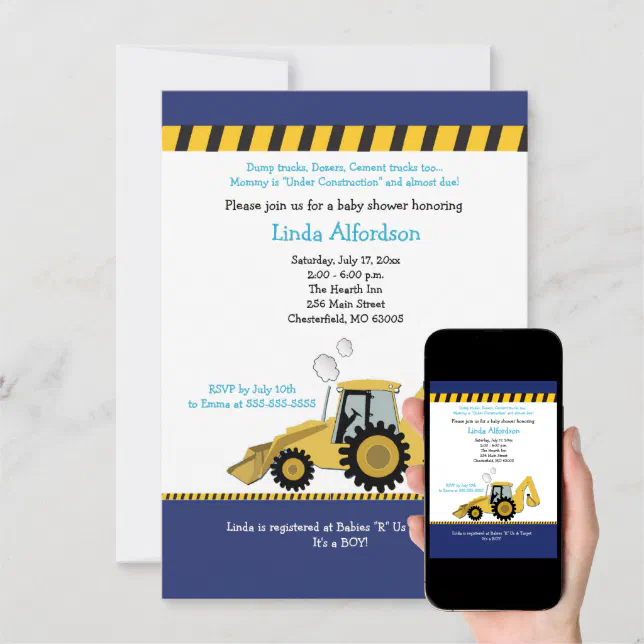Construction Backhoe Baby Shower Invitation | Zazzle