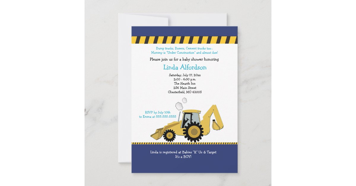 Construction Backhoe Baby Shower Invitation | Zazzle