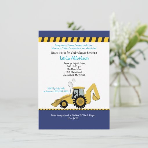 Construction Backhoe Baby Shower Invitation | Zazzle