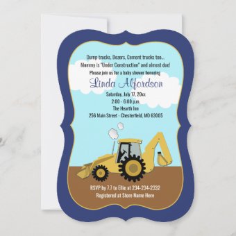 Construction Backhoe Boy Baby Shower Invitation | Zazzle