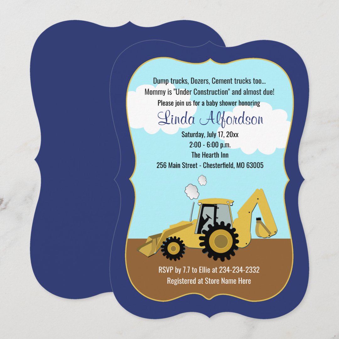 Construction Backhoe Boy Baby Shower Invitation | Zazzle