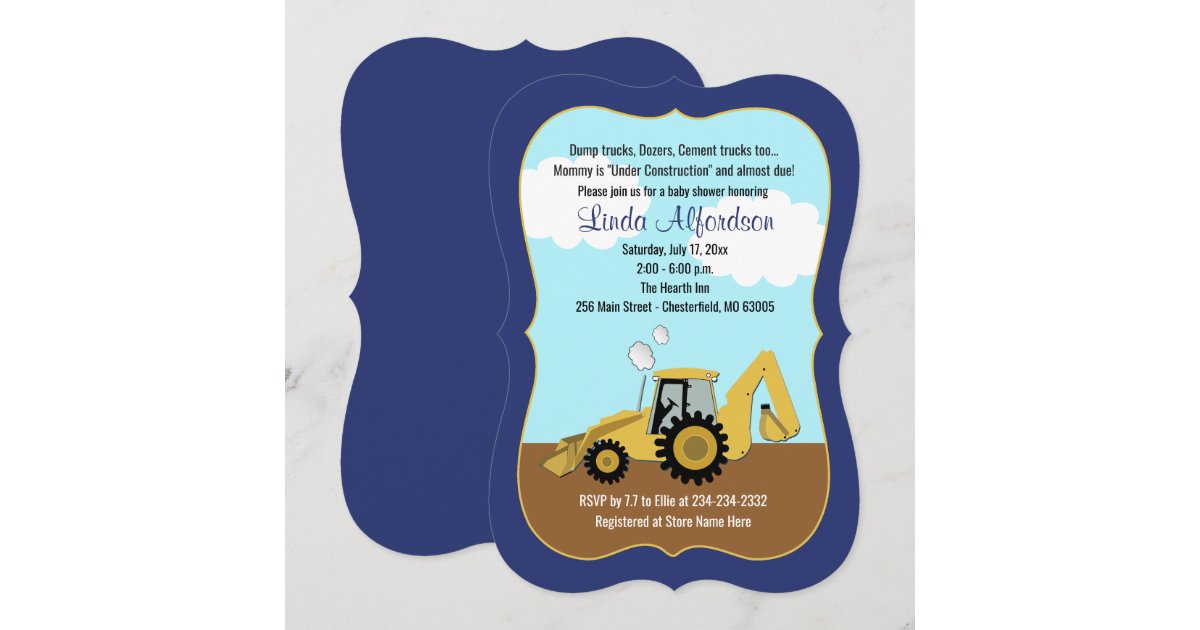 Construction Backhoe Boy Baby Shower Invitation | Zazzle