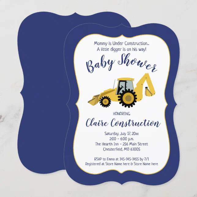Construction Backhoe Boy Baby Shower Invitation | Zazzle