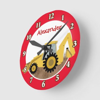 Construction Backhoe Clock (Red) Add a Name | Zazzle
