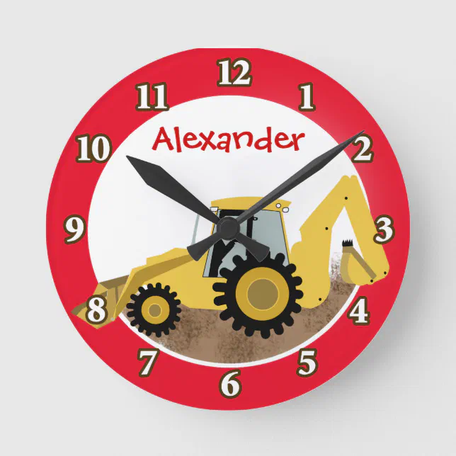 Construction Backhoe Clock (Red) Add a Name | Zazzle