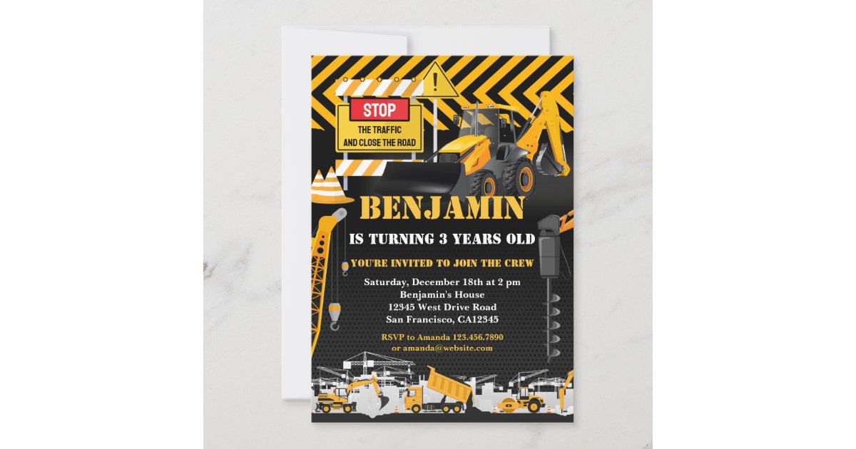 Construction Backhoe Kids Birthday Party Invitation | Zazzle