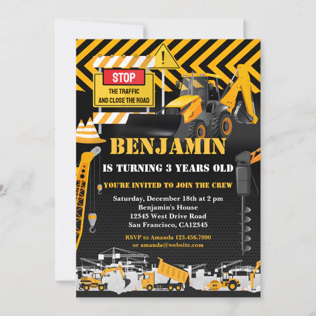Construction Backhoe Kids Birthday Party Invitation | Zazzle