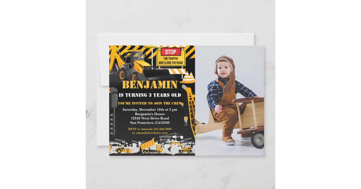 Construction Backhoe Kids Birthday Party Photo Invitation | Zazzle