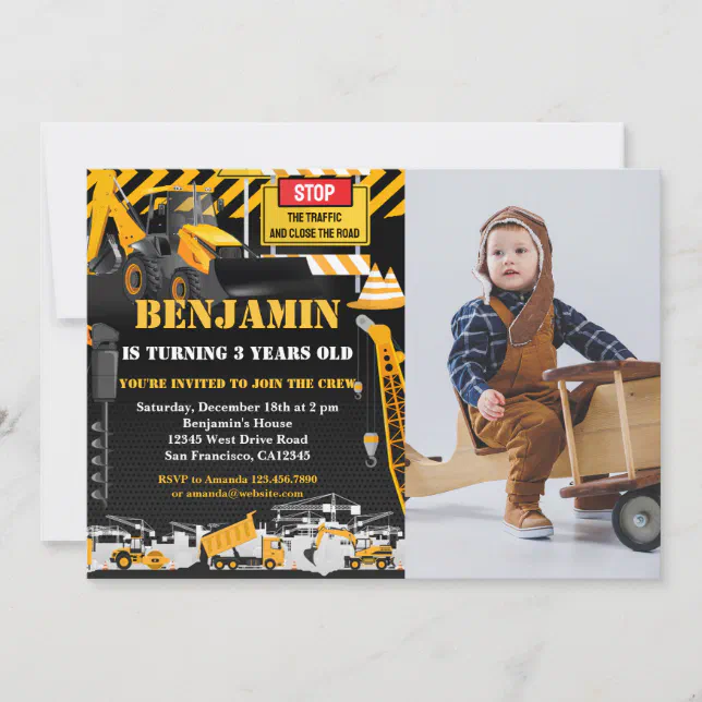 Construction Backhoe Kids Birthday Party Photo Invitation | Zazzle