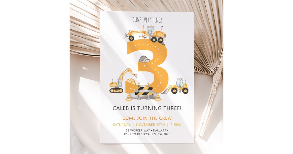 Construction Birthday Invitation 3rd Birthday | Zazzle