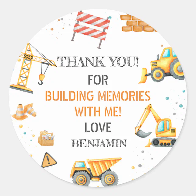 Construction Birthday party Classic Round Sticker | Zazzle