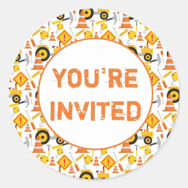 Construction Birthday Party You're Invited Classic Round Sticker | Zazzle